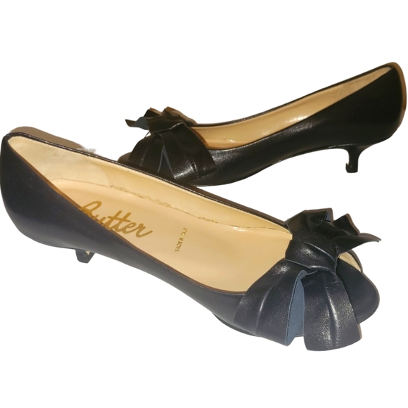 Butter Shoes | Shoes | Butter Navy Leather Peep Toe Kitten Heel Shoes ...